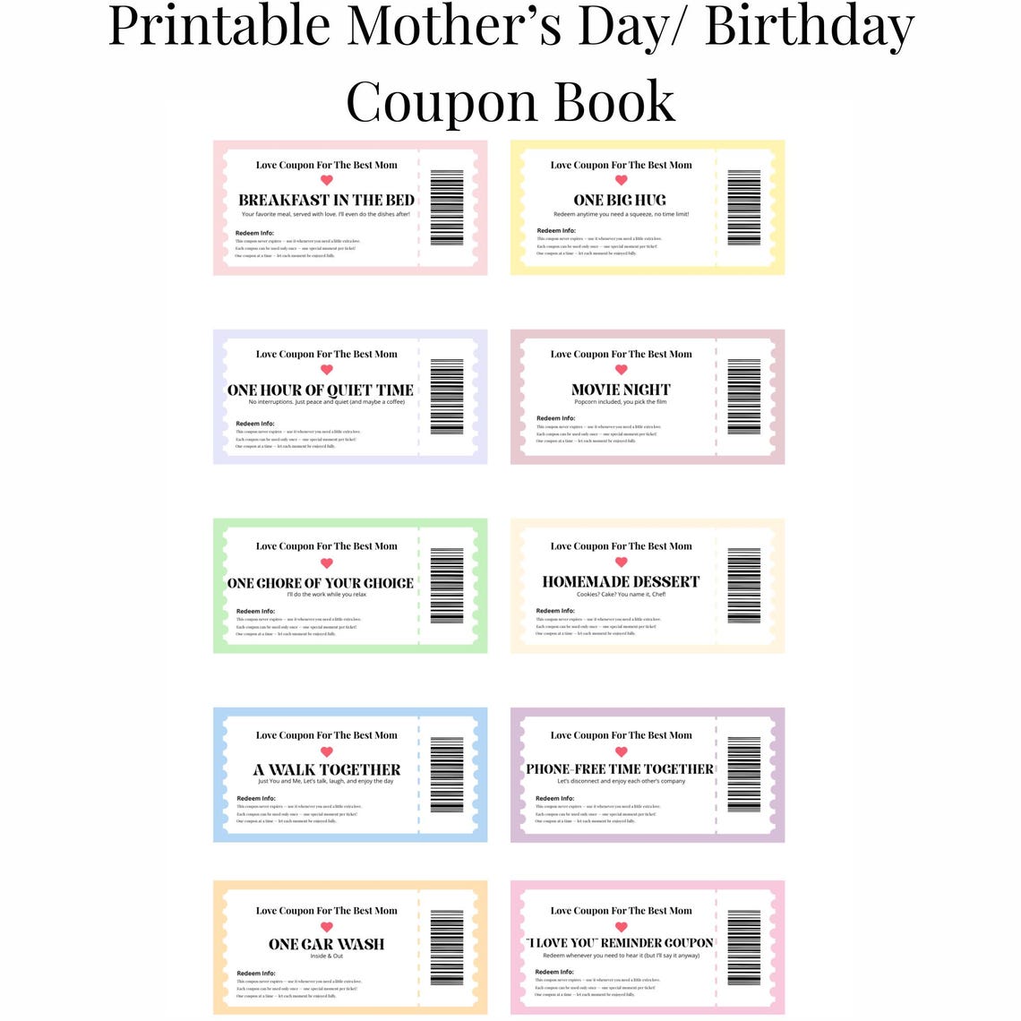 Printable Mother’s Coupons Thoughtful Gift Idea DIY Coupon Book for Mom ...