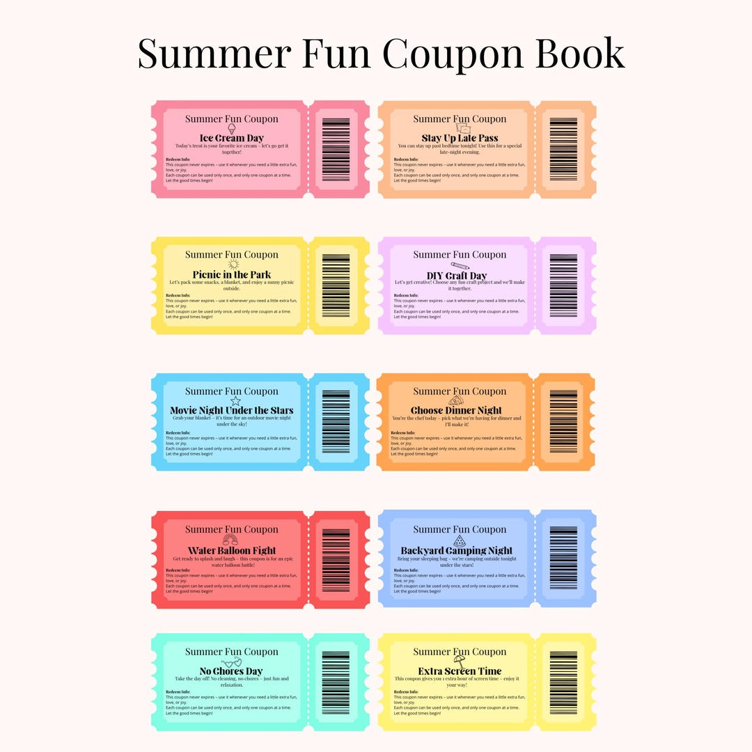 Printable Summer Fun Coupon Book for Kids Screen-free Activities Summer ...