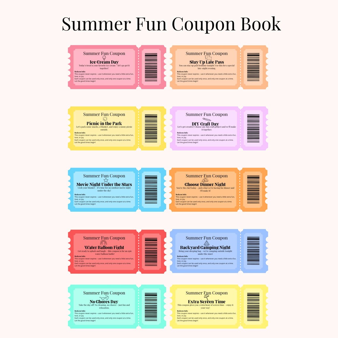 Printable Summer Fun Coupon Book for Kids Screen-free Activities Summer ...