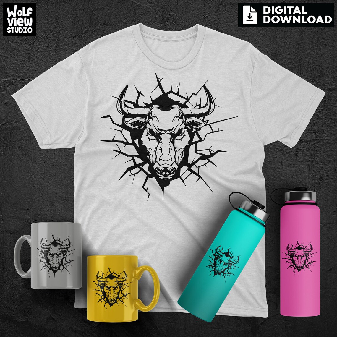 Bull Coming Out of Wall Svg, Bull Break Through Wall Svg, Bull Svg ...