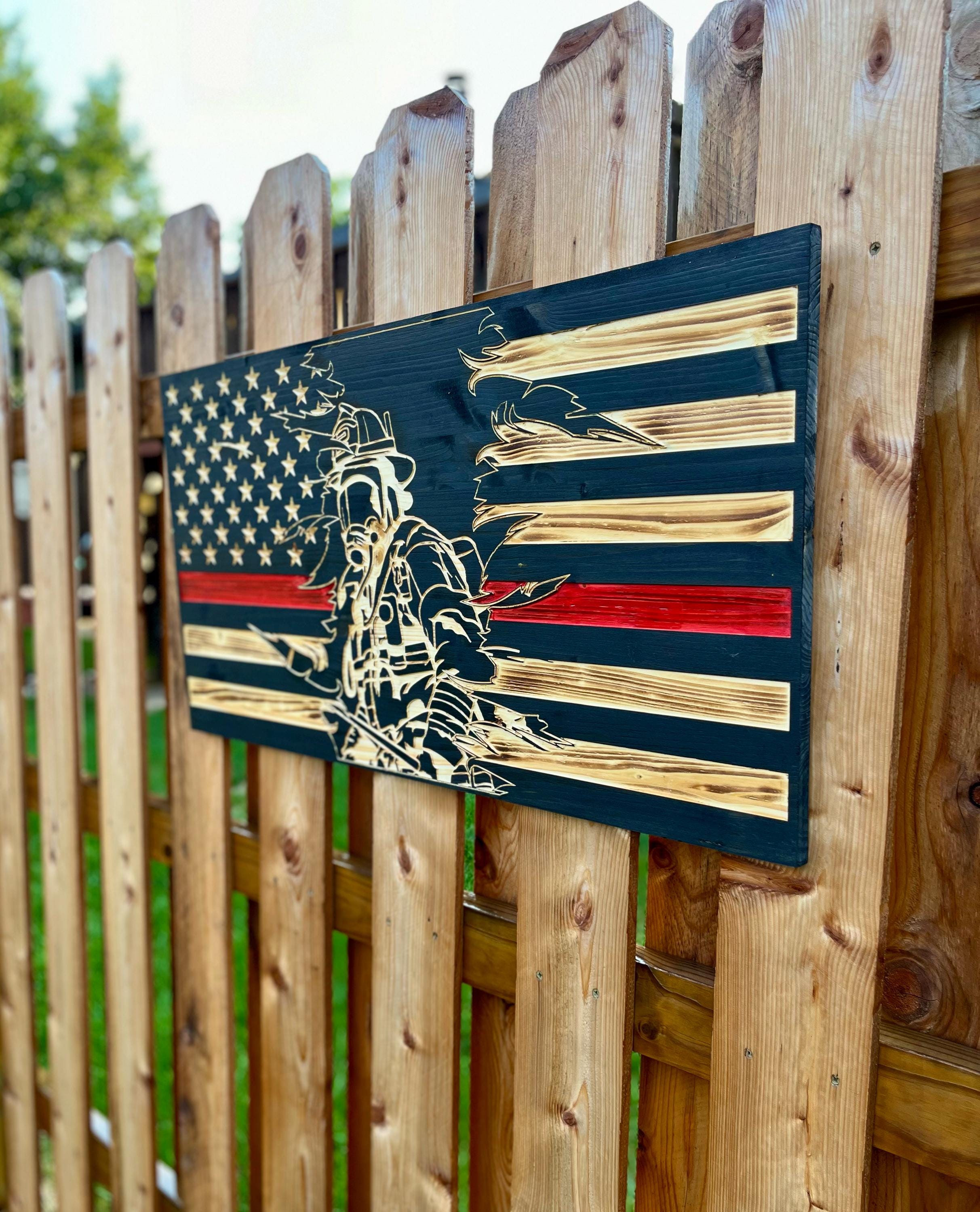 Firefighter Wooden American Flag, Thin Red Line, Promotion, Retirement ...