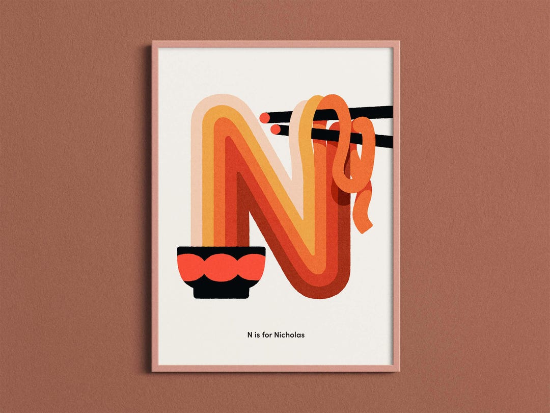 Ramen Alphabet Print, LETTER N NOODLE Poster, Retro Tokyo, Custom Name ...