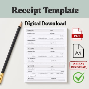 Simple A4 Printable PDF Receipt Template. Customer Receipt, Digital ...