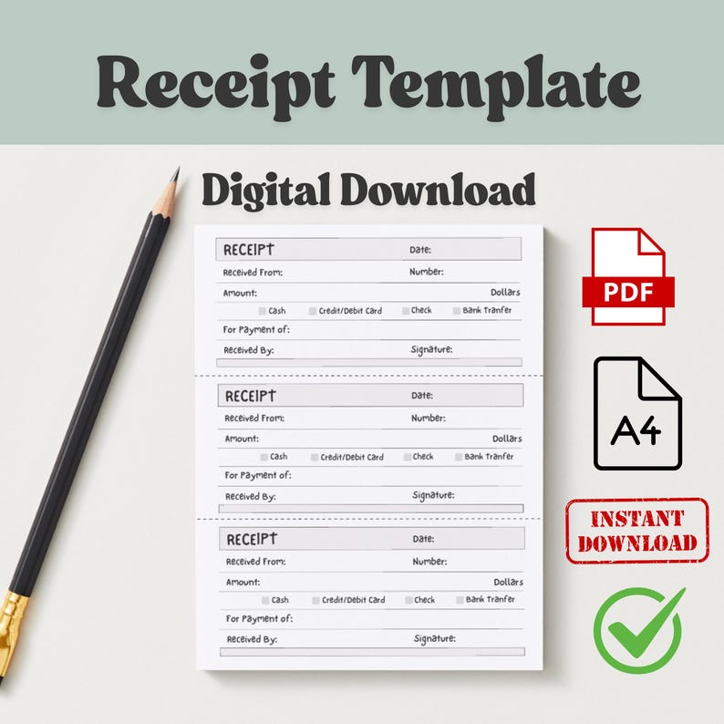 Simple A4 Printable PDF Receipt Template. Customer Receipt, Digital ...