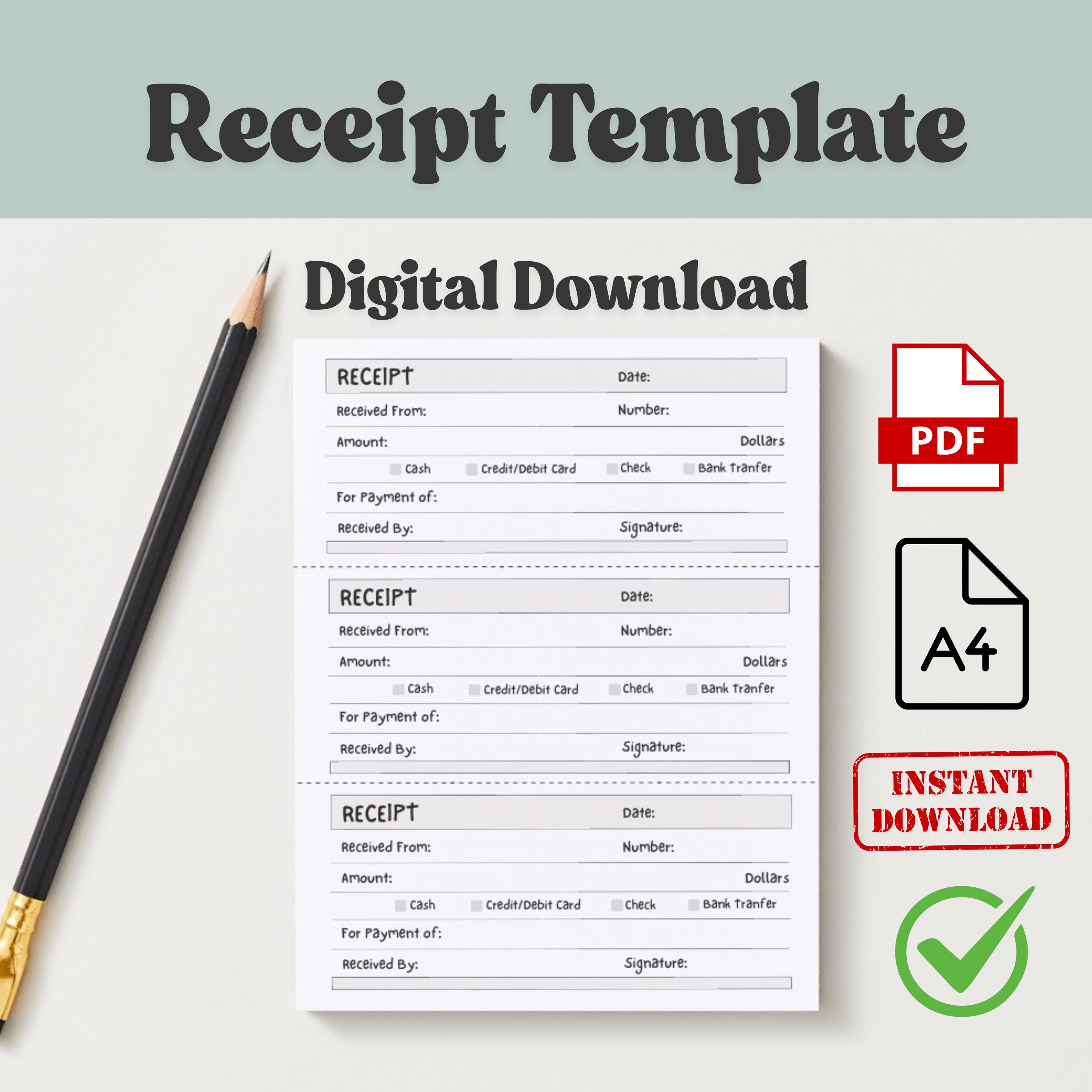 Simple A4 Printable PDF Receipt Template. Customer Receipt, Digital ...