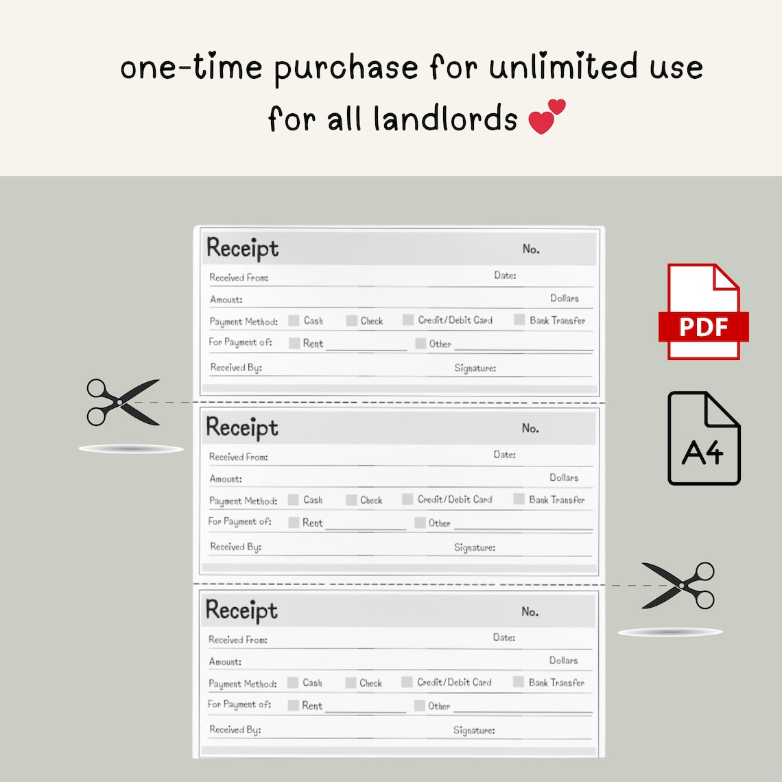 Printable Rent Receipt Template, Simple Receipt for Rental Payment ...