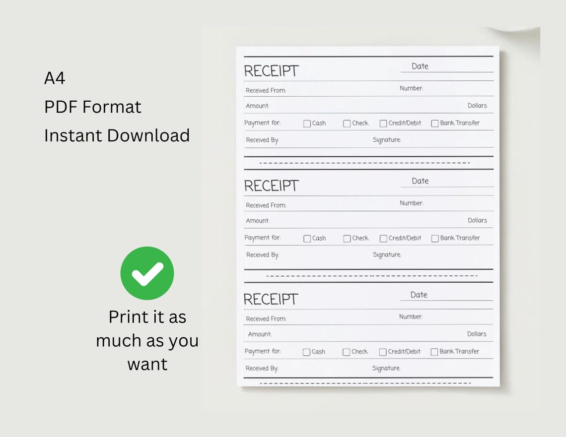 Printable PDF Receipt Template. Customer Receipt, Digital Receipt. Rent Receipt Template for ...