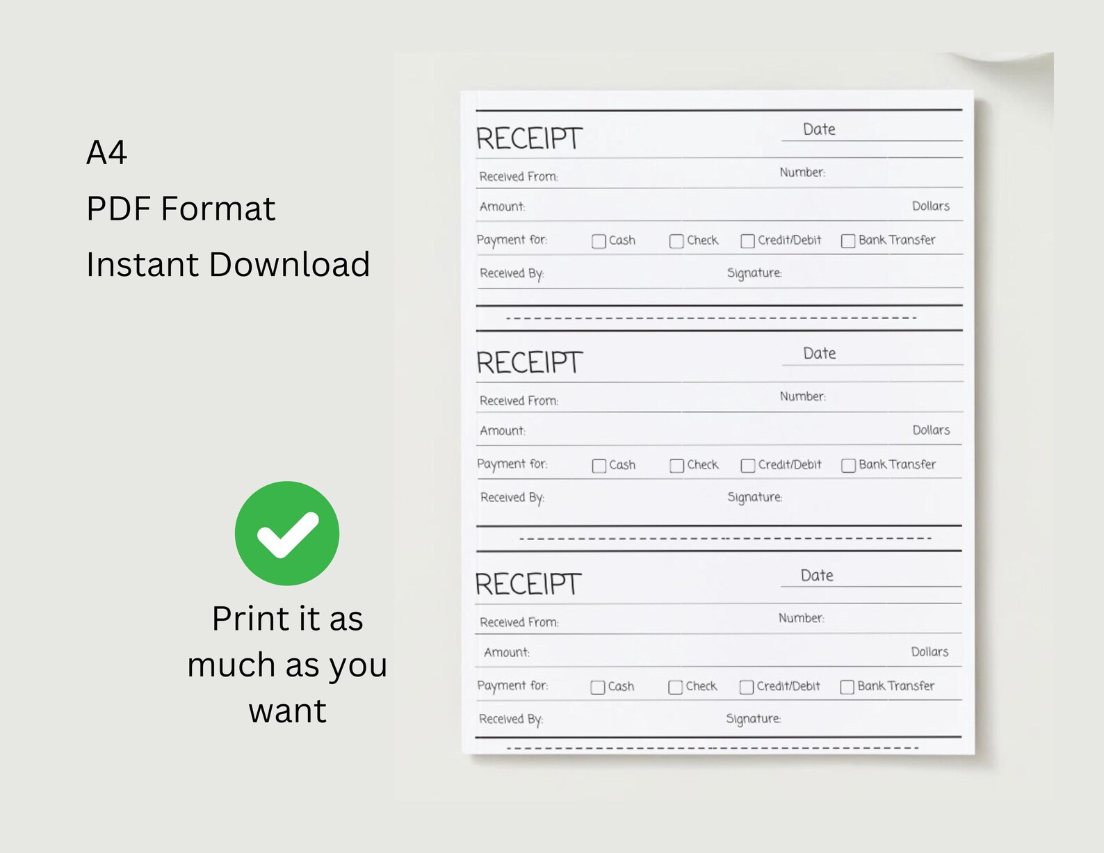 Printable PDF Receipt Template. Customer Receipt, Digital Receipt. Rent ...