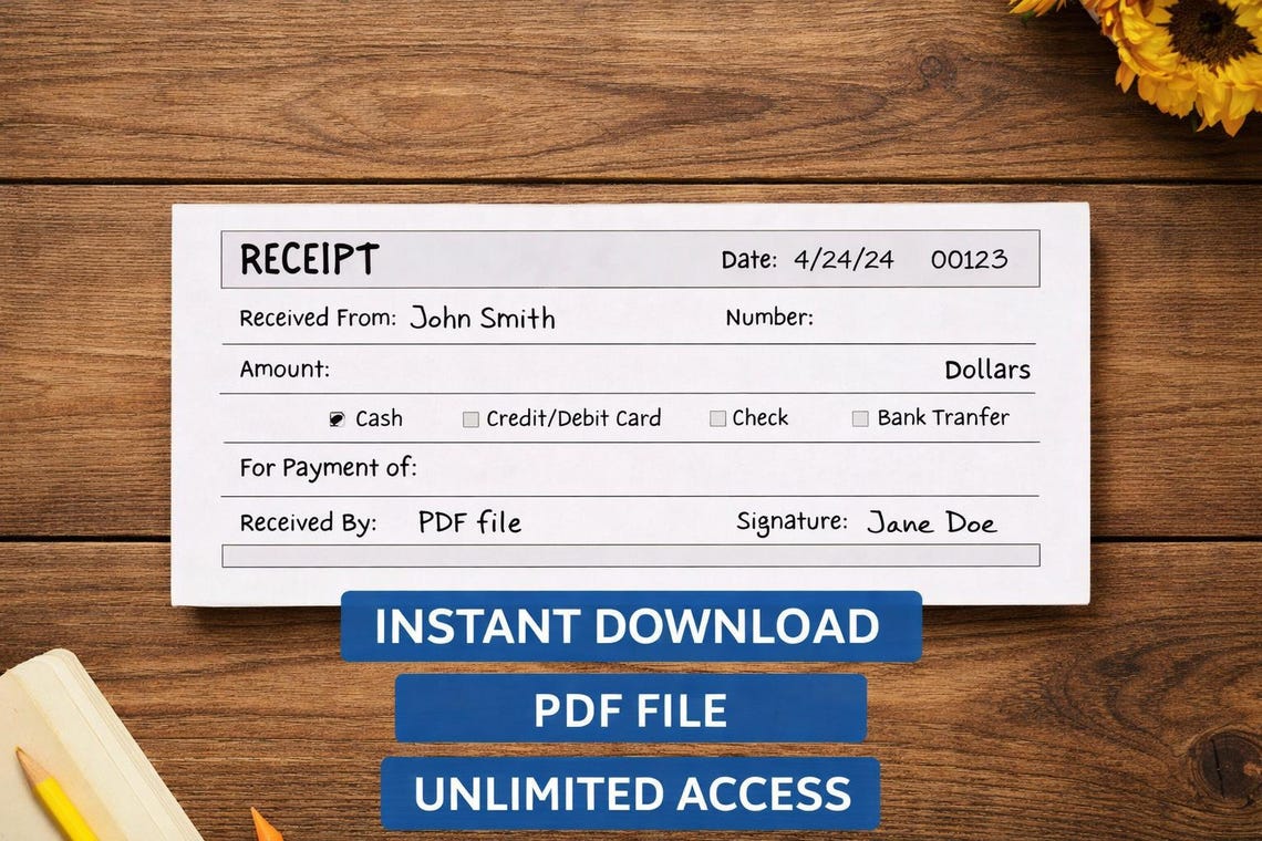 Simple A4 Printable PDF Receipt Template. Customer Receipt, Digital ...