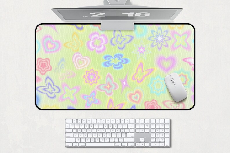 Pastel Green Y2K Flower & Butterfly Pattern Desk Mat, Soft Girl 2000s ...
