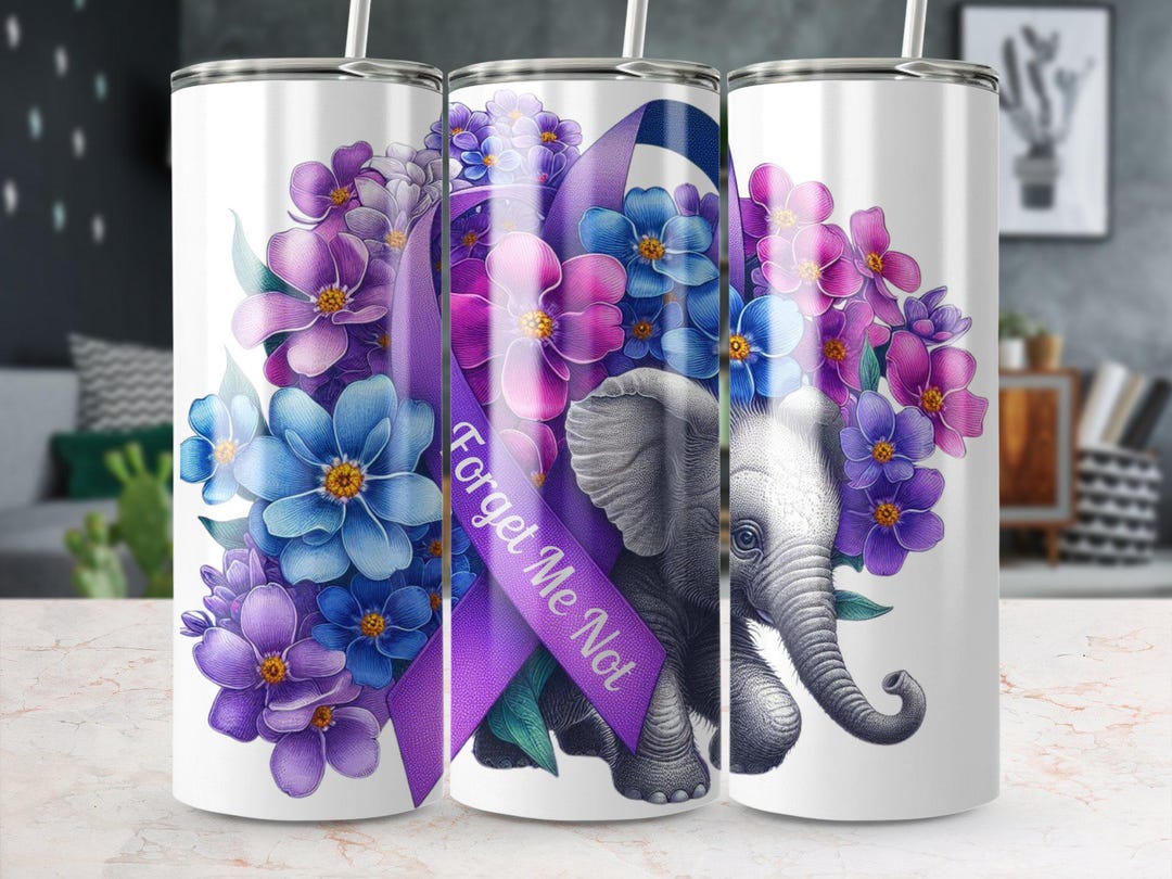 Elephant and Forget Me Not Flower Tumbler, Cute Elephant Purple Ribbon ...