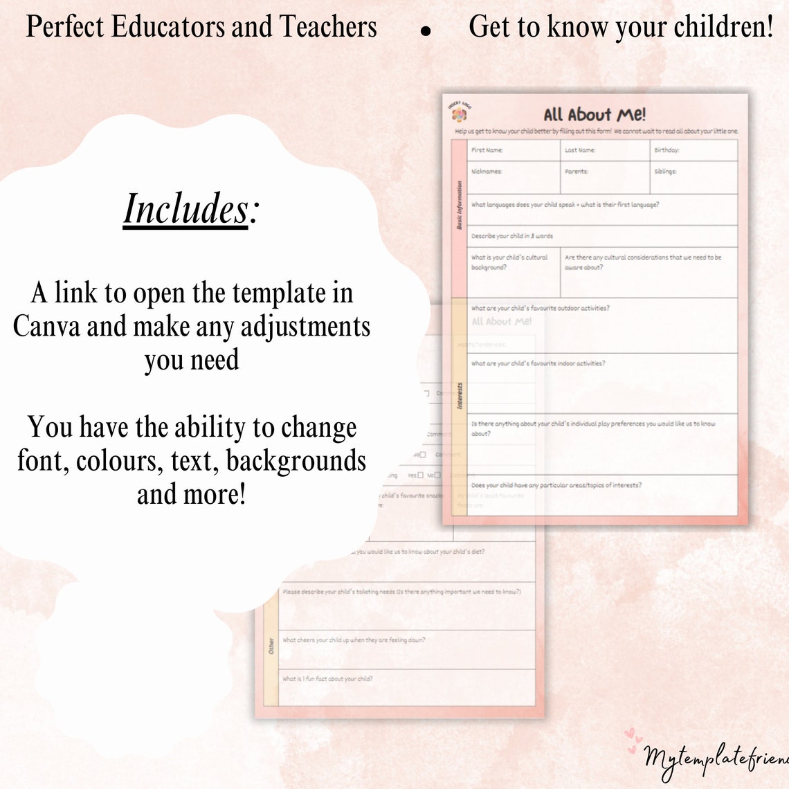Childcare Template - ‘all About Me’ Editable Printable Template (canva ...