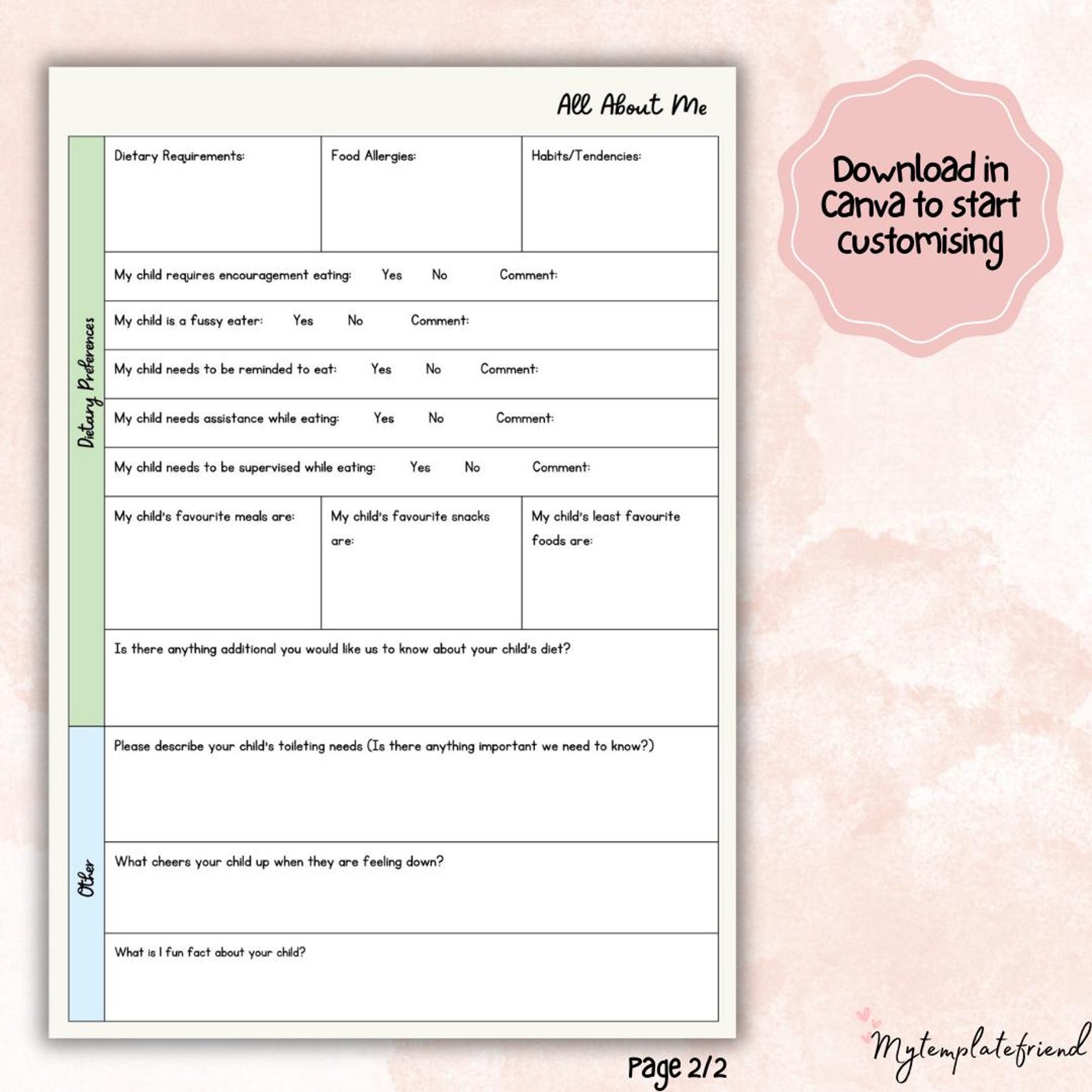 All About Me - Child Care Forms: Get to Know Me for Childcare, Early ...