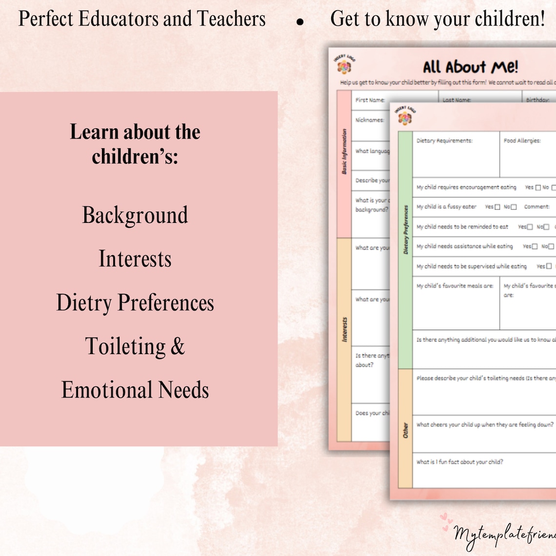 All About Me - Child Care Forms: Get to Know Me for Childcare, Early ...