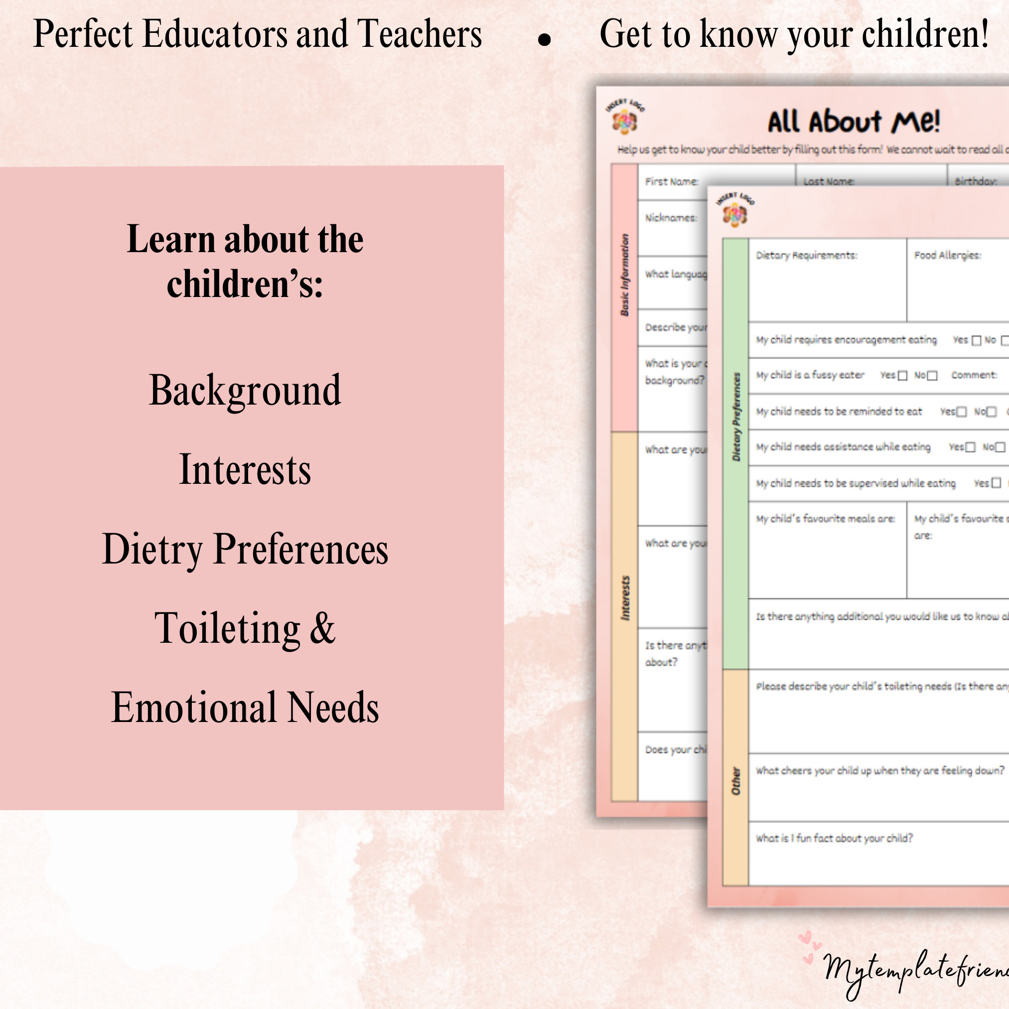 All About Me - Child Care Forms: Get to Know Me for Childcare, Early ...