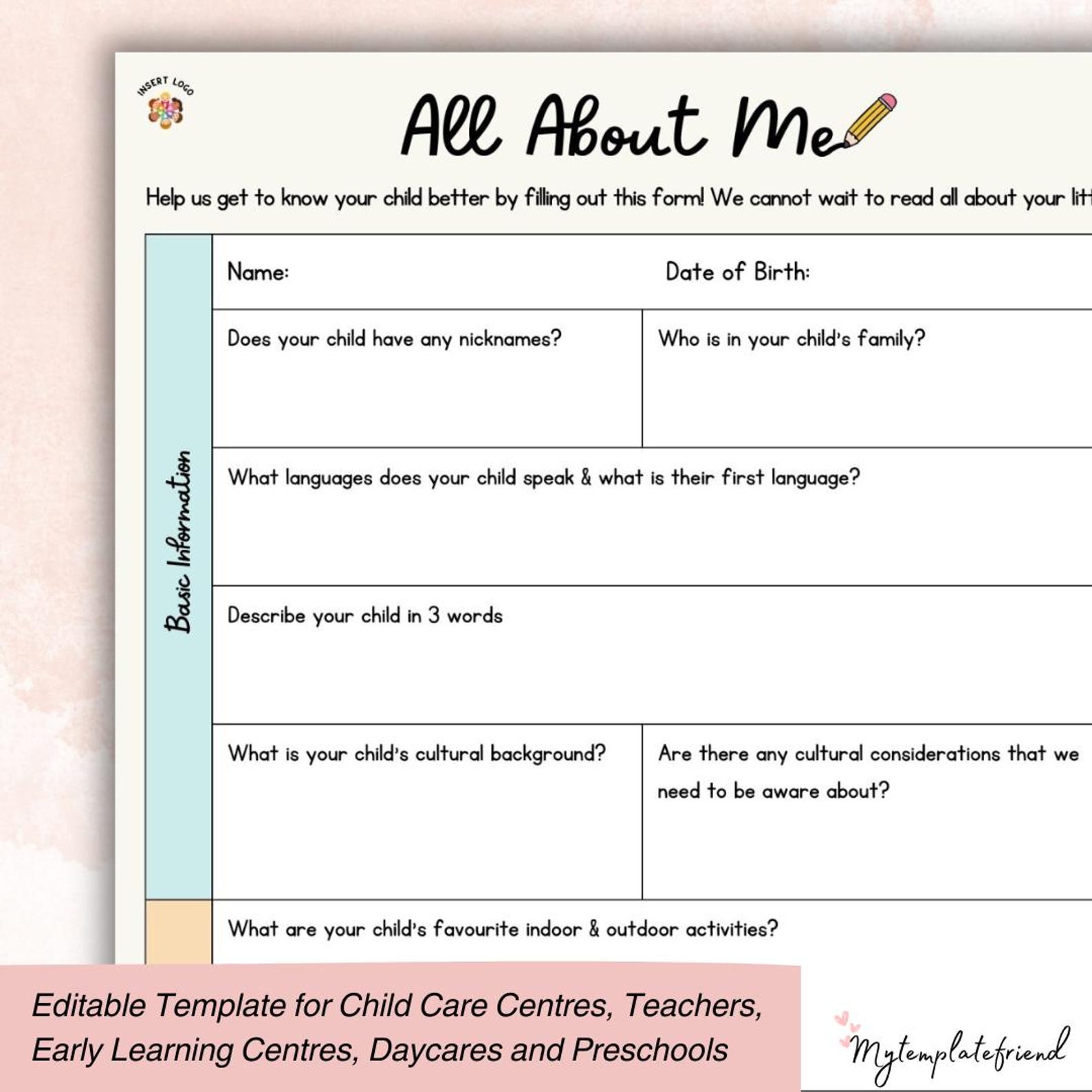 All About Me - Child Care Forms: Get to Know Me for Childcare, Early ...