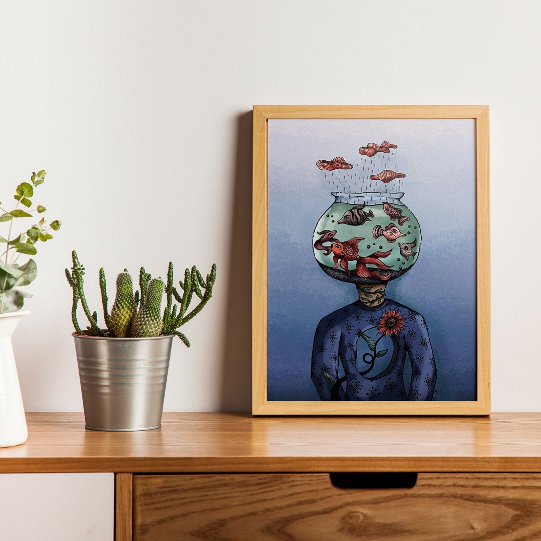 Fishbowl Head Print, Surreal Printable Art, Portrait, Conceptual Art ...