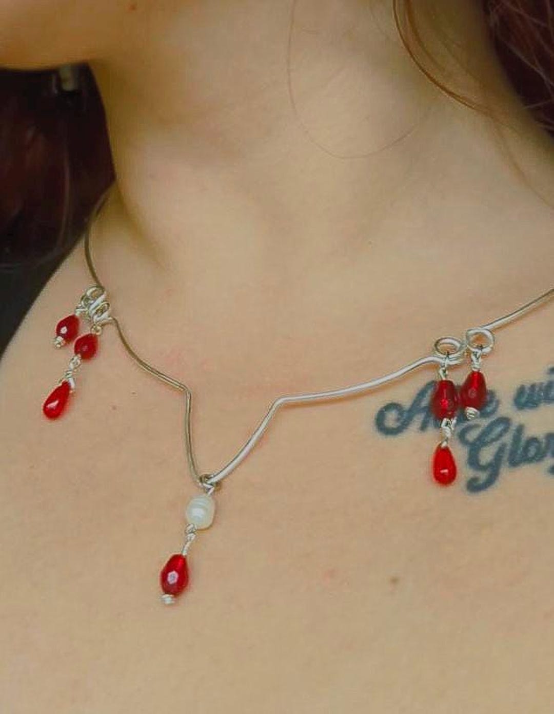 Ruby Red Crystal Droplet Silver Circlet Necklace With Stainless Steel ...
