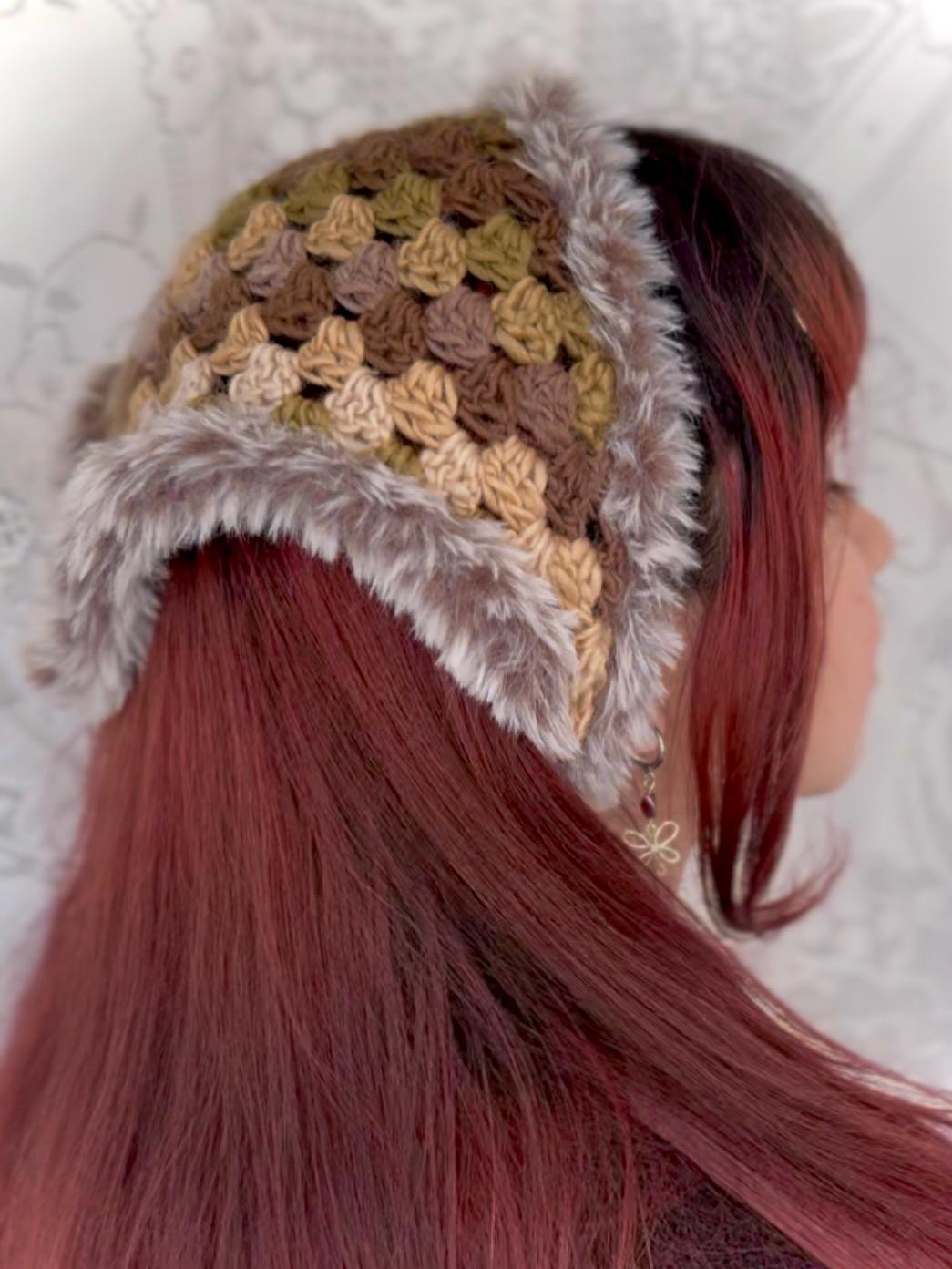 Brown Crochet Bandana With Faux Fur Trim, Triangle Hairscarf Mushroom ...