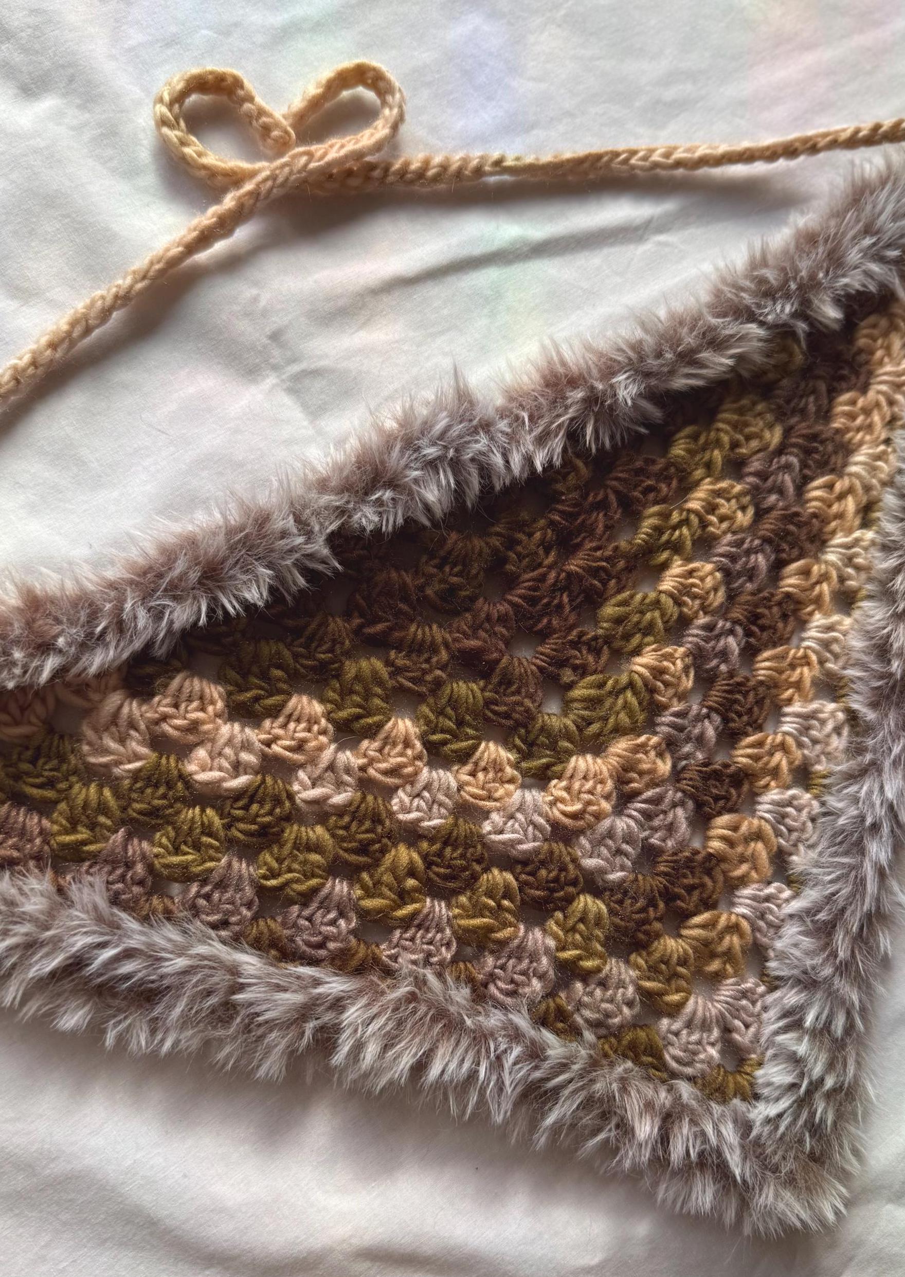 Brown Crochet Bandana With Faux Fur Trim, Triangle Hairscarf Mushroom ...