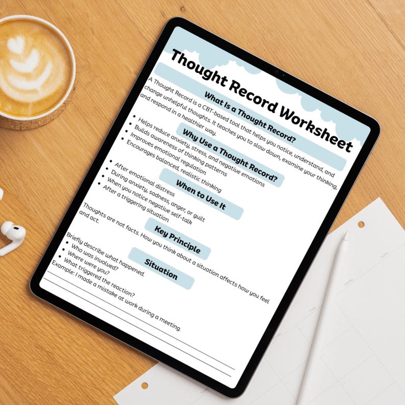 Thought Record Worksheet Guide CBT Thought Challenging Printable ...