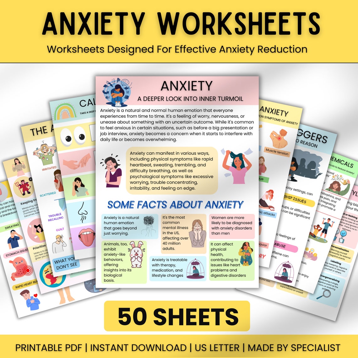 Anxiety Worksheets | Anxiety Bundle | Anxiety Therapy Worksheets ...