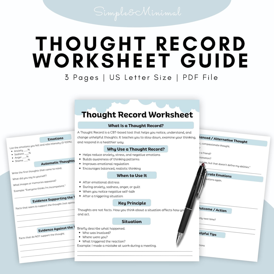 Thought Record Worksheet Guide CBT Thought Challenging Printable ...