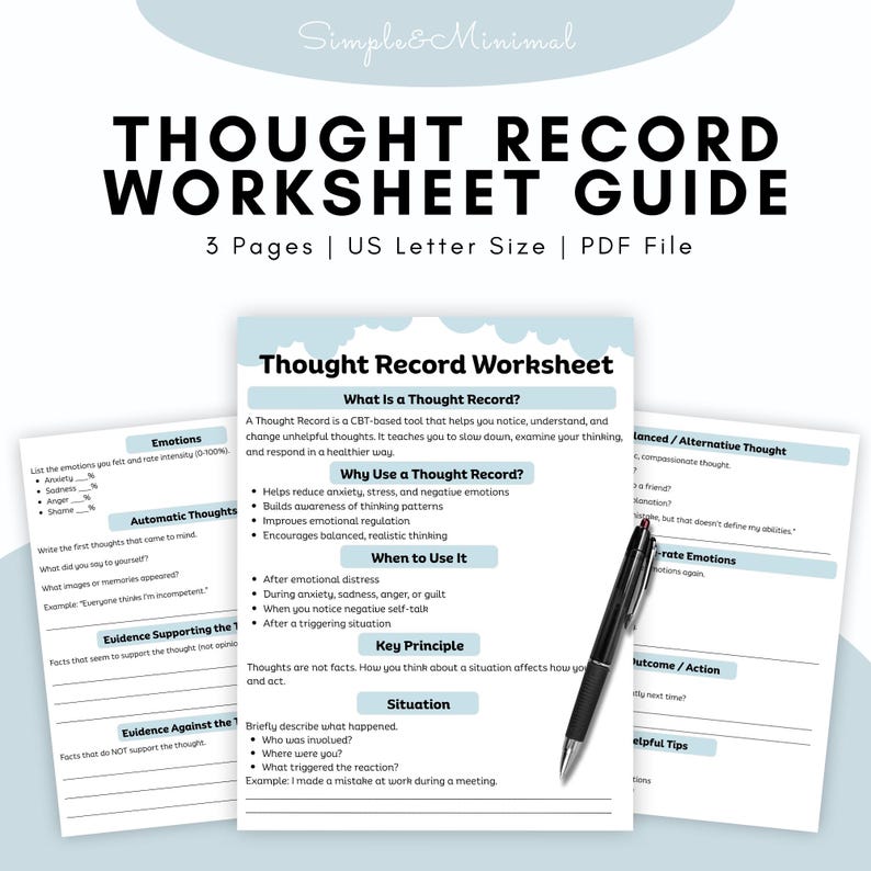Thought Record Worksheet Guide CBT Thought Challenging Printable ...