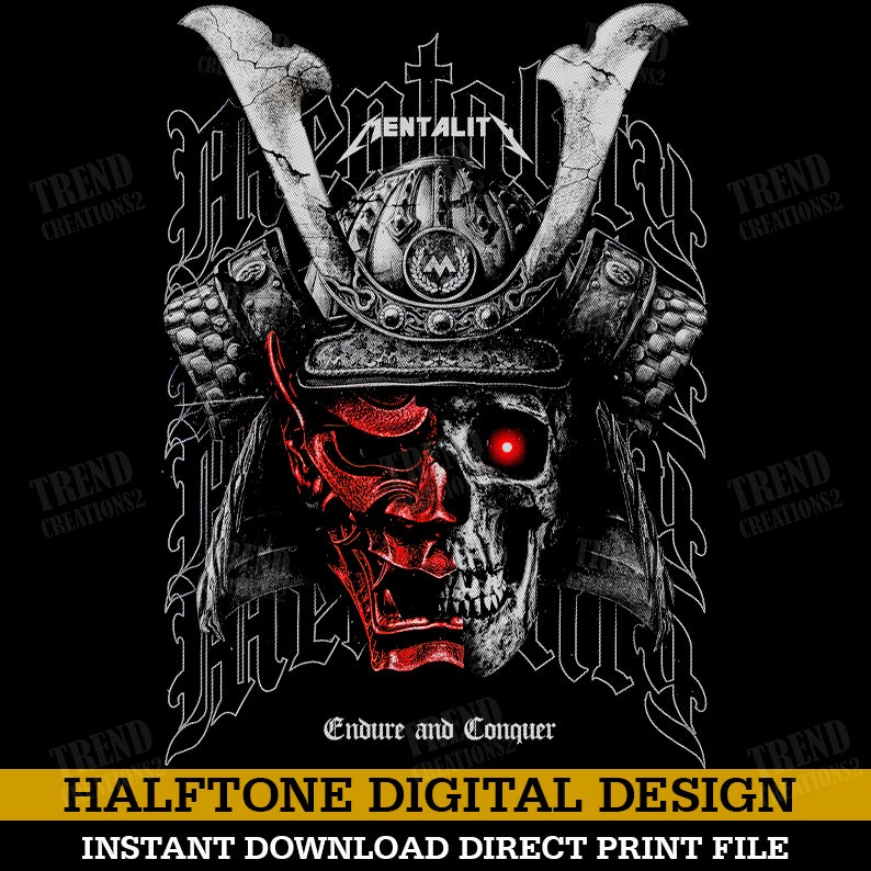 Warrior Spirit, Halftone Fusion of Red Samurai and Skull, Symbolizing ...
