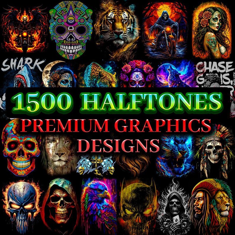 Mega Pack of 1500 Halftone Designs, Trendy Premium Rock Band Design T ...