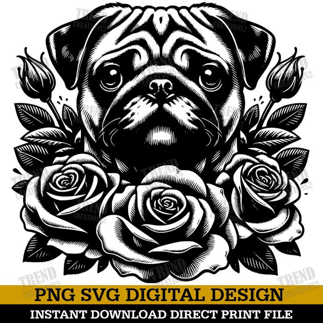 Pug Svg & Png, Cute Pug Clipart, Dog Vector Image, Pug Silhouette ...