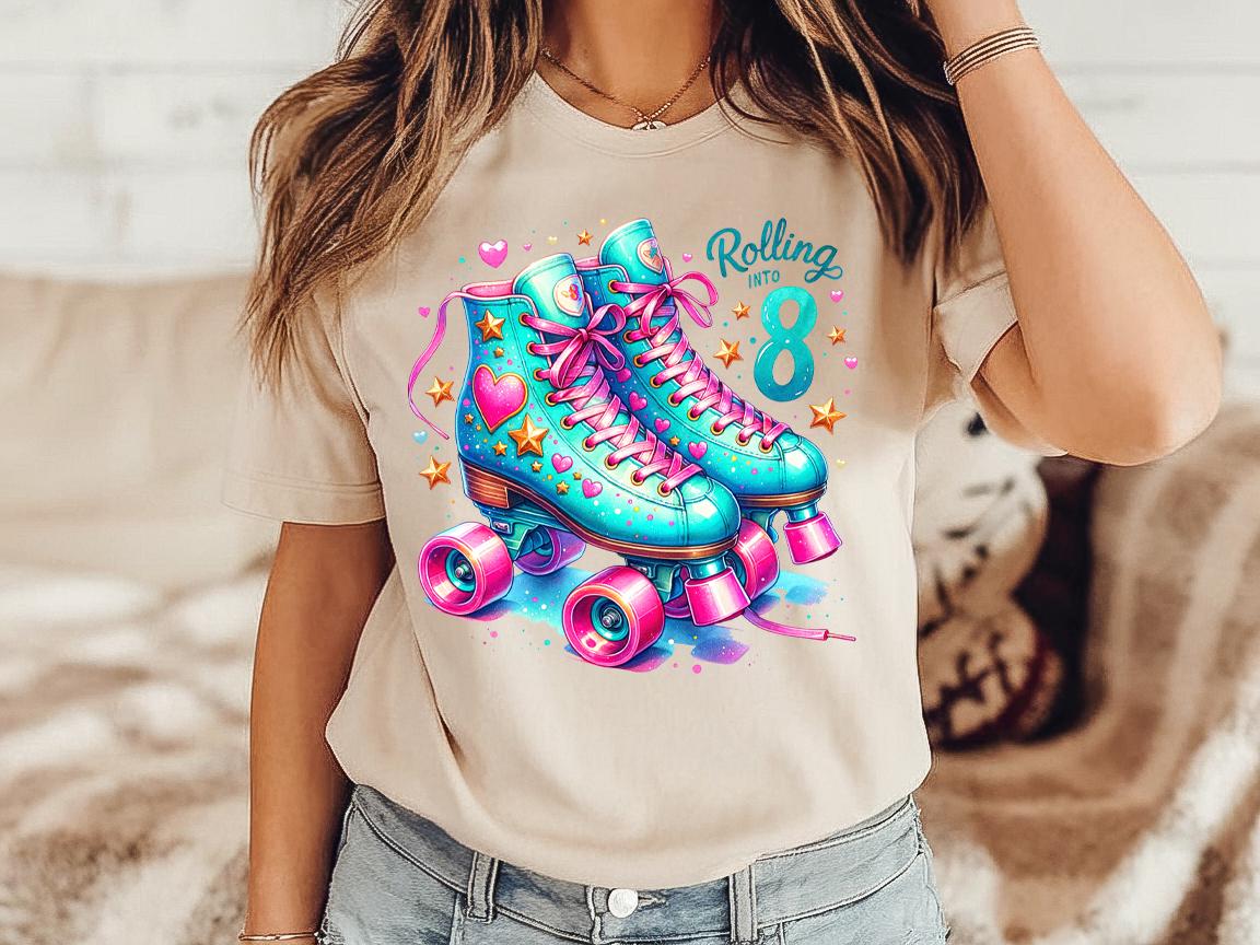 Rolling Into 8 Png, 8th Birthday Png, Sublimation Design, Roller Skates ...