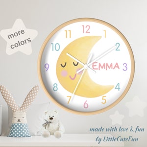 Kids Clock Moon Kids Wall Clock Decor Moon Kids Room Decor Moon Custom Name Clock Gift for 2 ...