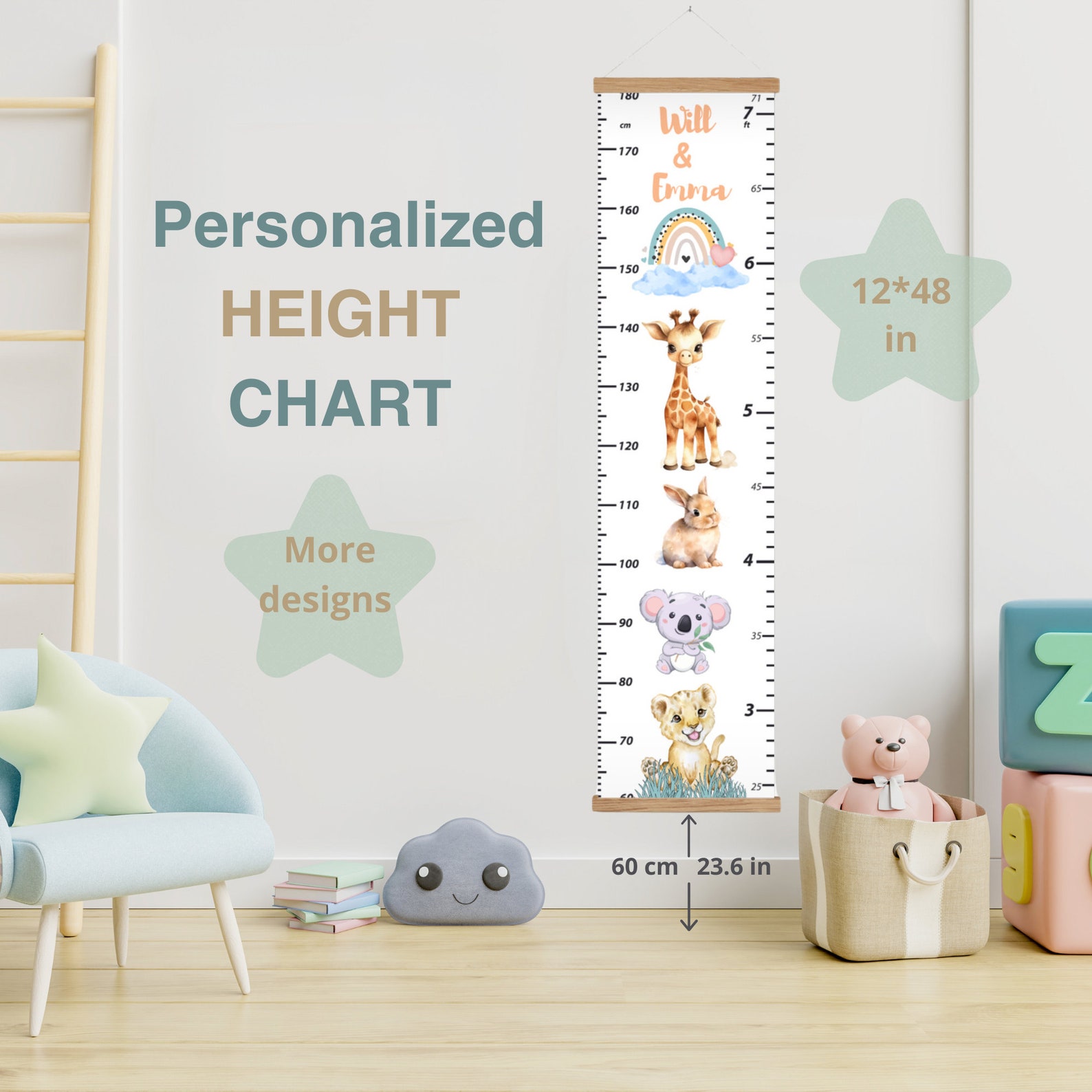 Personalized Growth Chart for Kids Baby Animals Height Chart for Twin ...