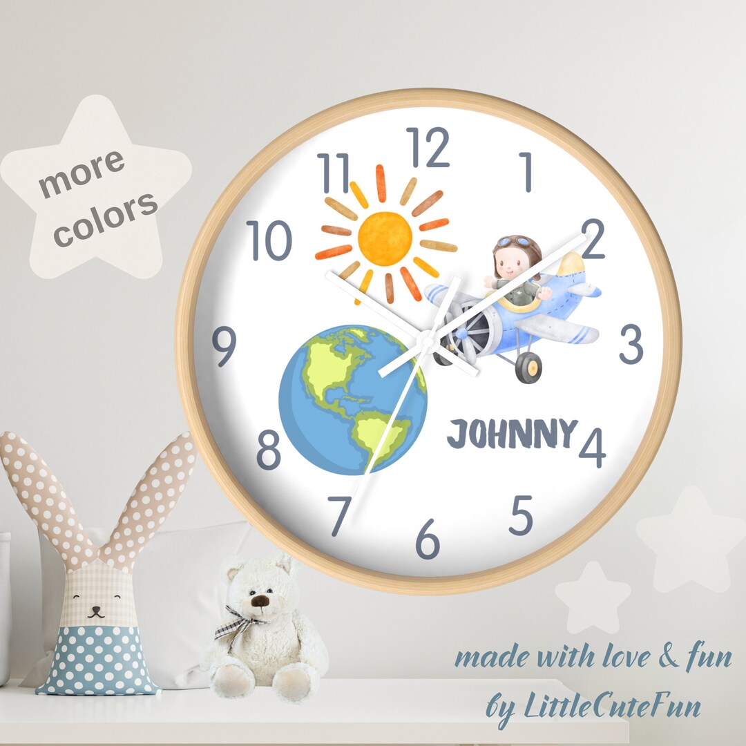 Personalized Kids Clock Adventures Await Wooden Wall Clock Airplane ...