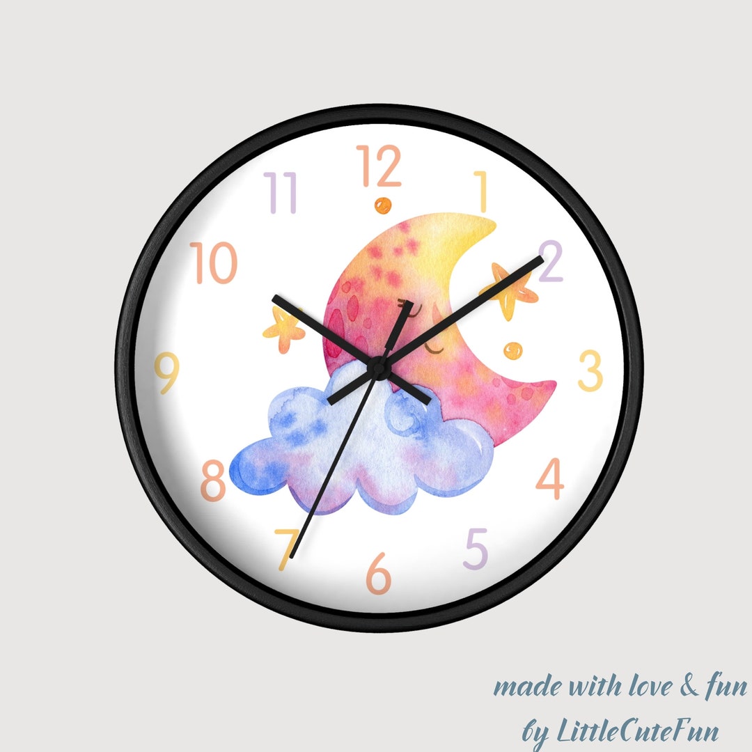Personalized Clock for Kids Moon Watercolor Wall Clock Moon Nursery ...