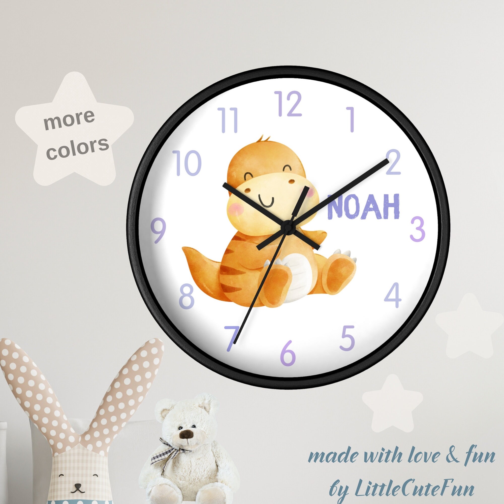 Kids Clock Custom Dino Nursery Wall Clock Dino Personalized Clock for ...
