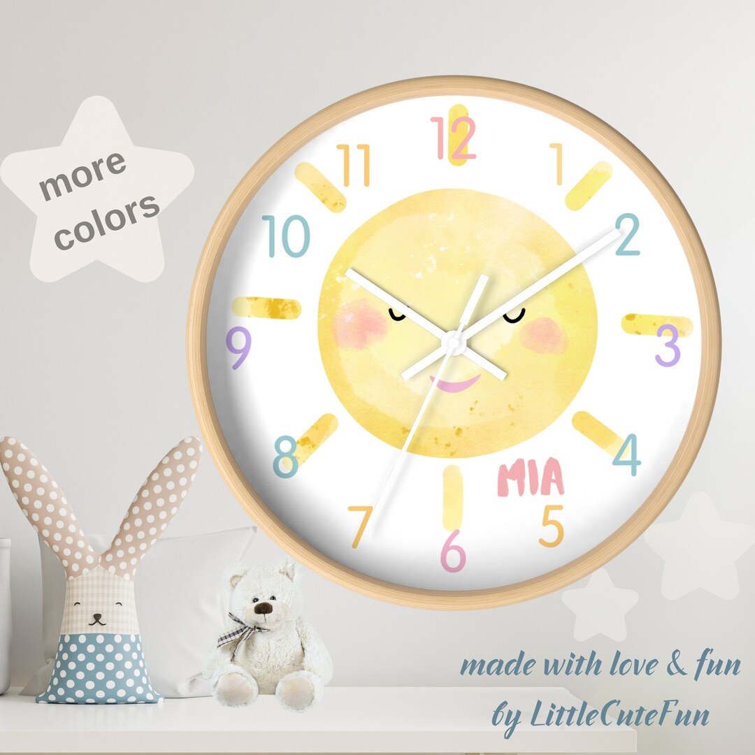 Personalized Kids Clock Nursery Sun Wall Clock Kids Room Decor Wooden ...