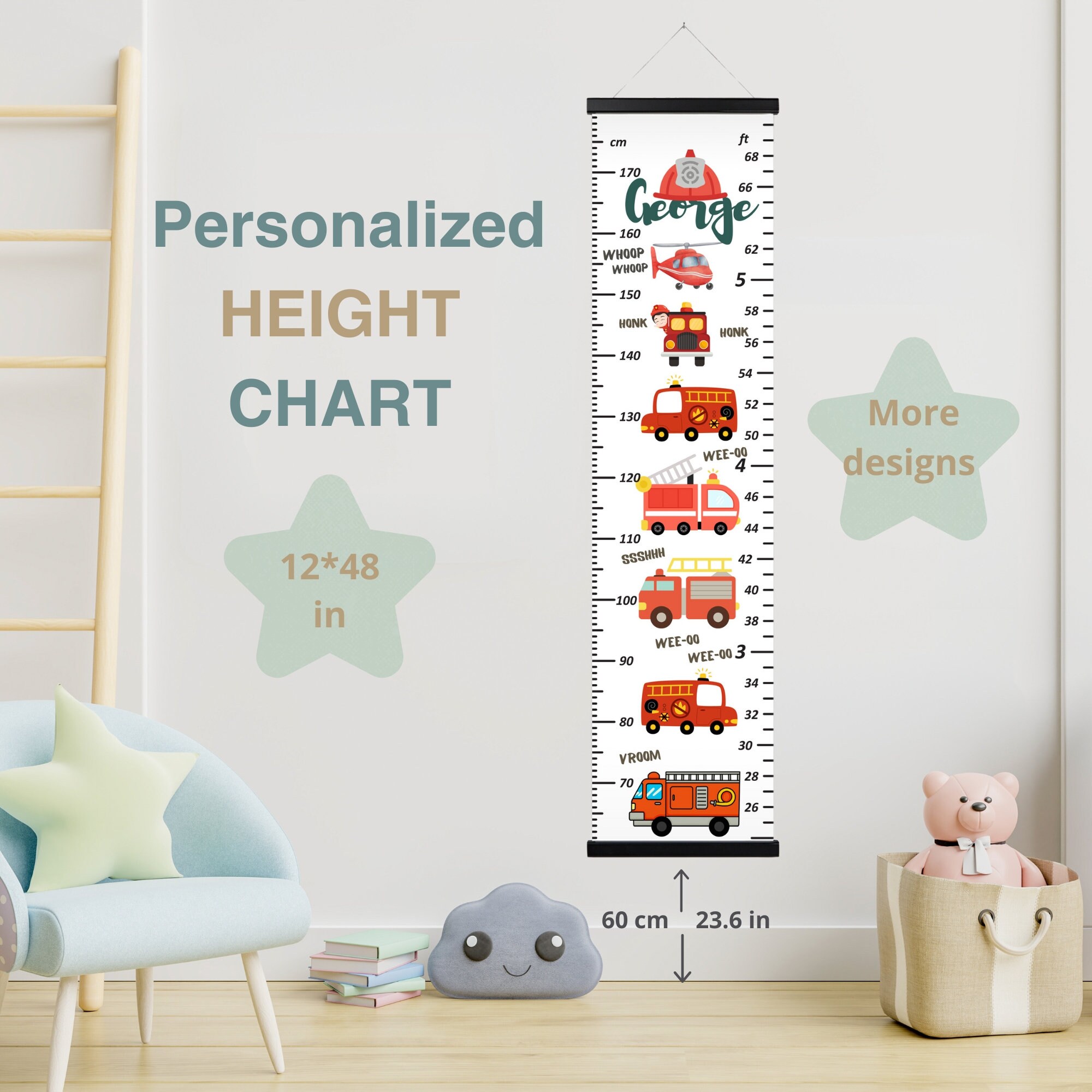 Growth Chart Fire Truck Bedroom Wall Decor Gift Fire Station Height ...