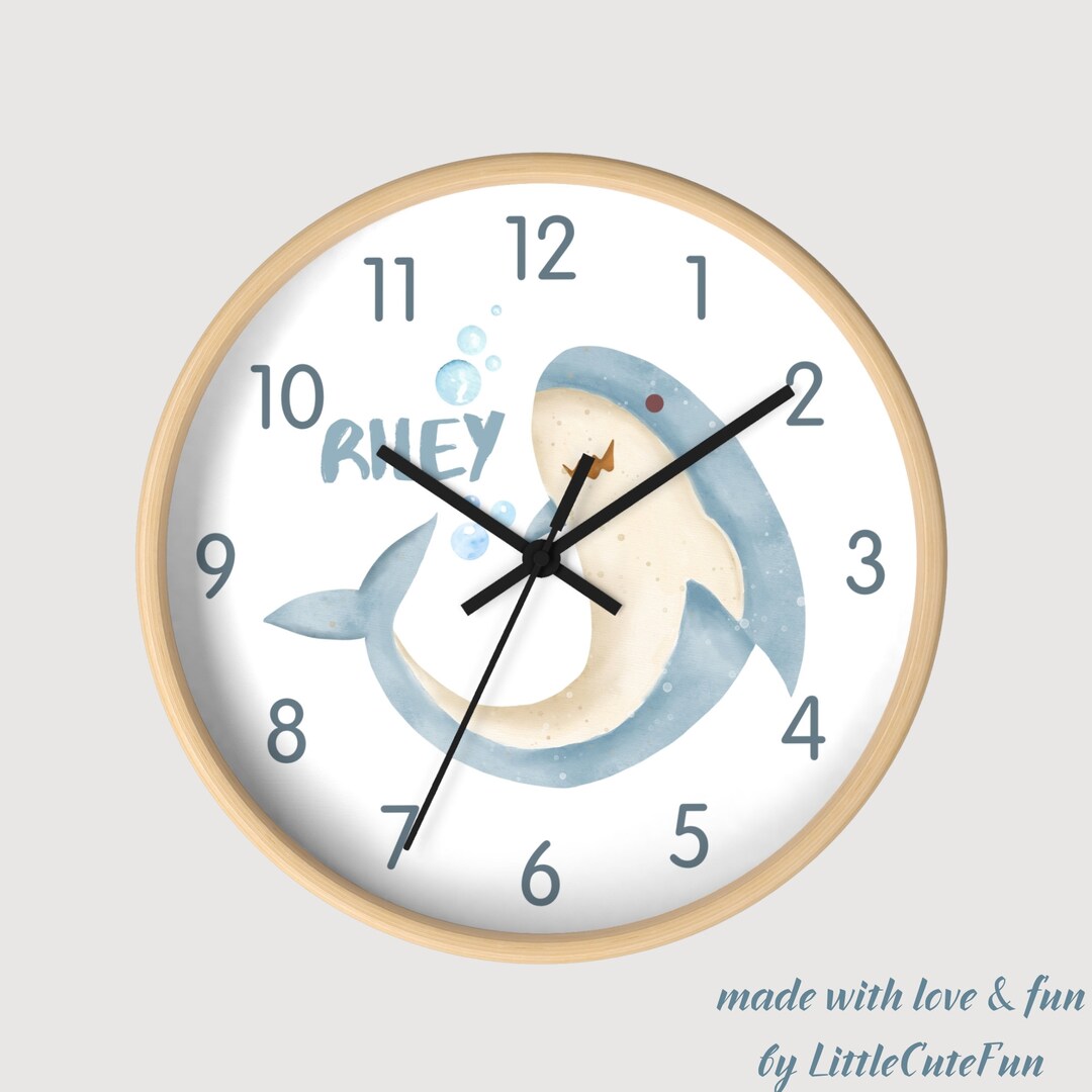 Personalized Kids Clock Shark Nursery Wall Clock Shark Kids Room Decor ...