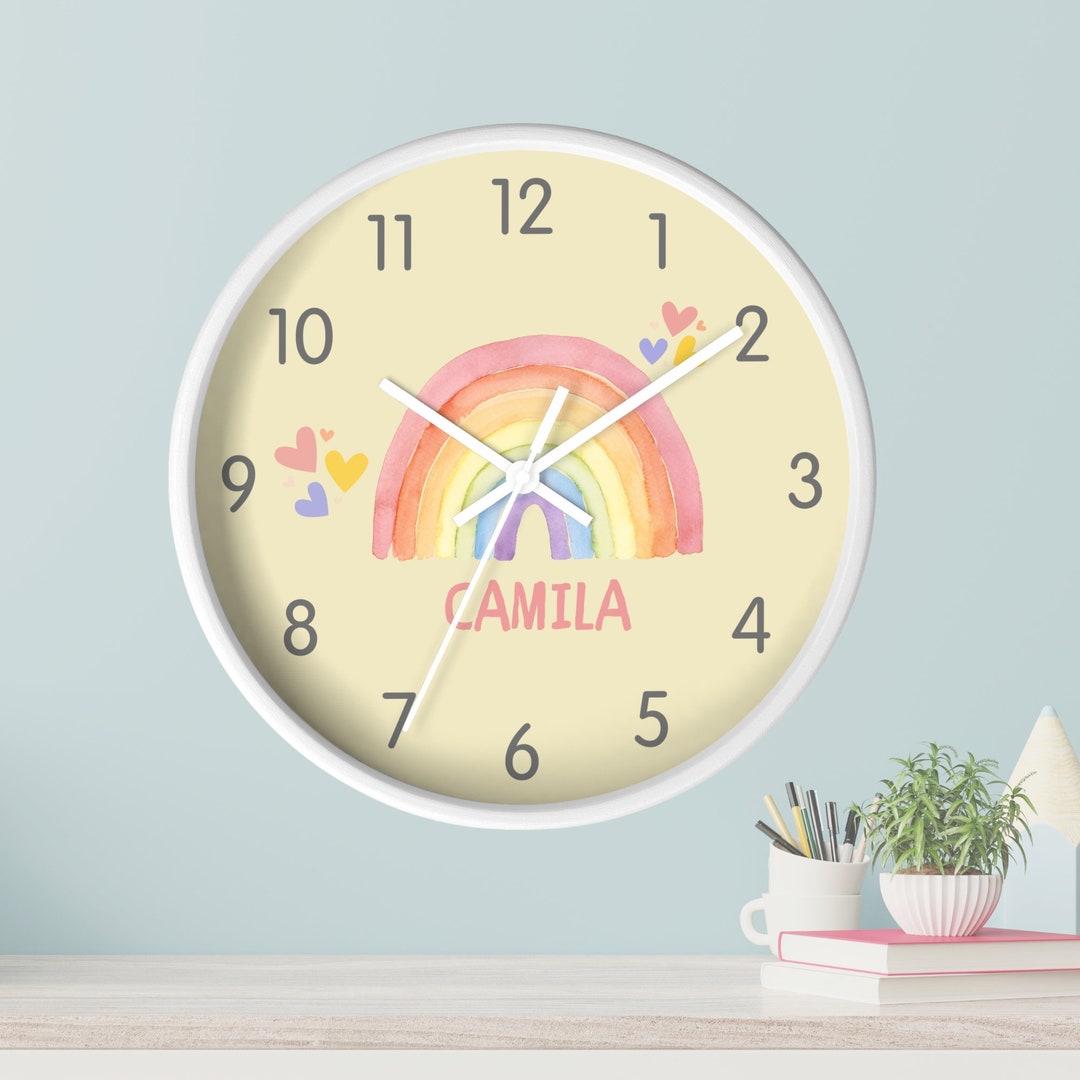 Personalized Kids Clock Rainbow Wooden Wall Clock Rainbow for Kid Room ...