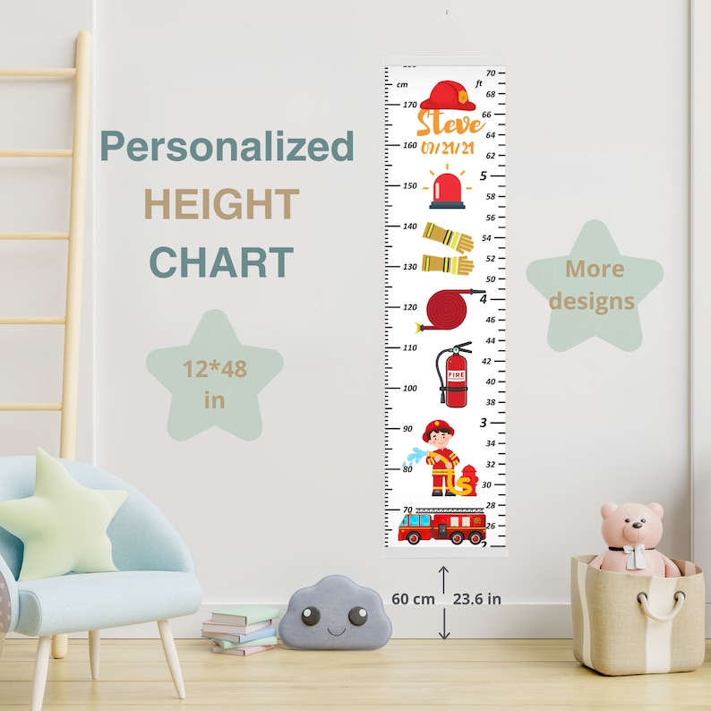 Growth Chart Firefighter Birthday Height Chart for Kids Firetruck Gift ...