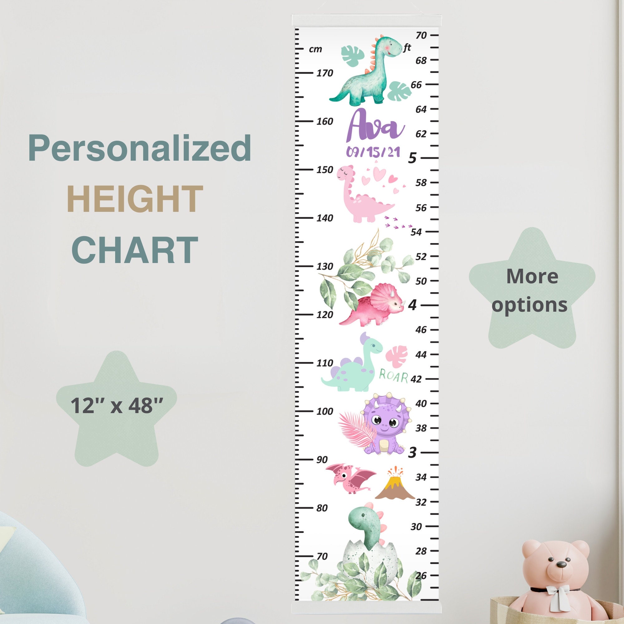 Growth Chart Dino Nursery Decor Dinosaur Birthday Girl Gift for 1 Year ...