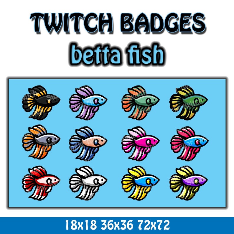 Betta Fish Twitch Sub Badges/bit Badges, 12pcs Colorful Betta Splendes ...