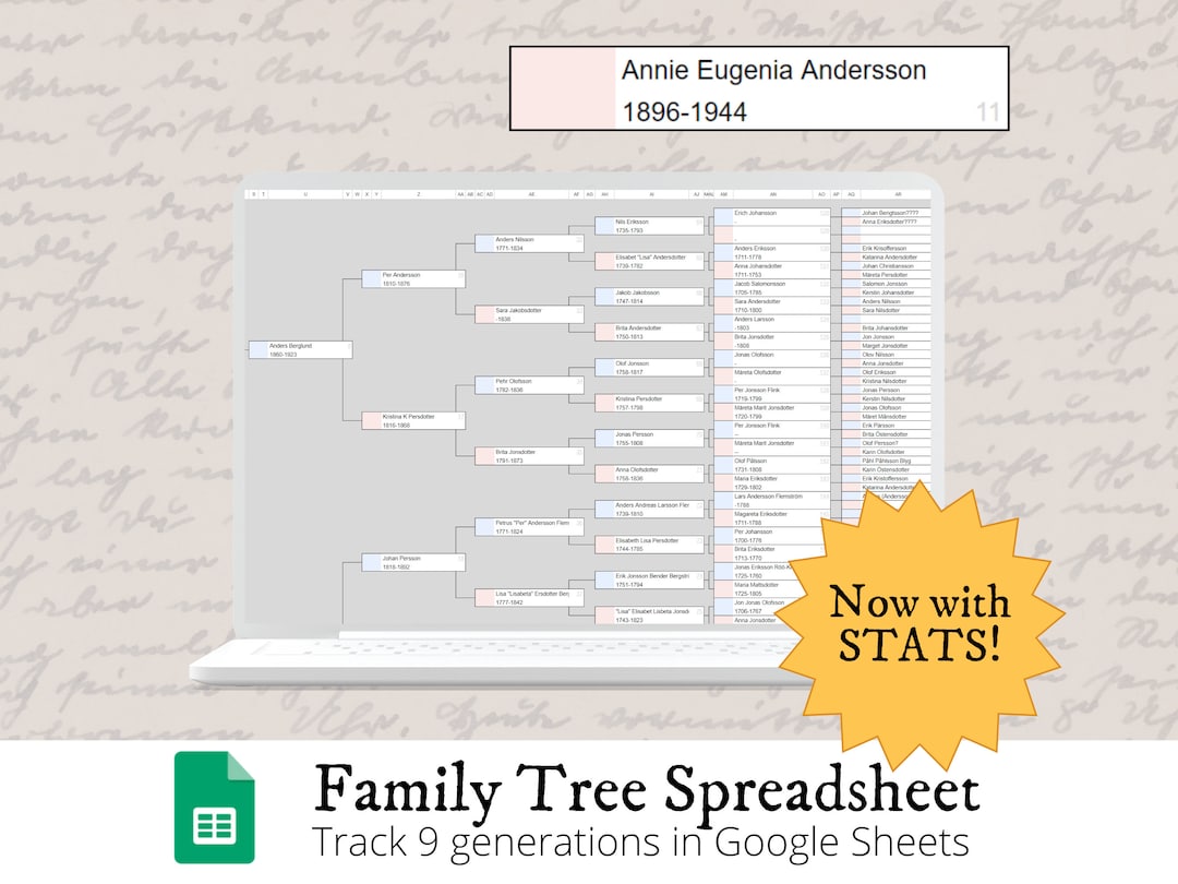 9 Generation Family Tree Spreadsheet Template for Google Sheets ...