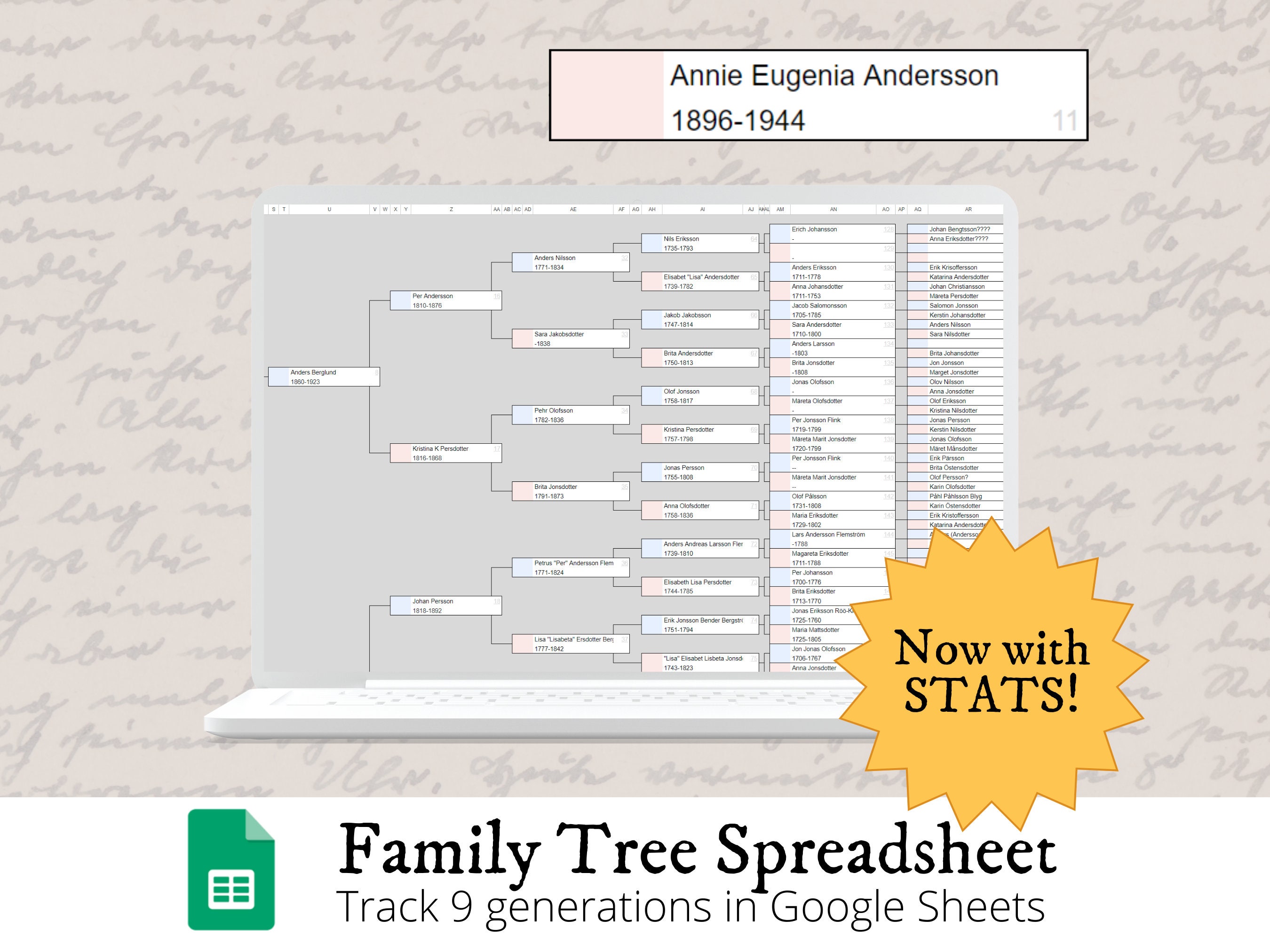 9 Generation Family Tree Spreadsheet Template for Google Sheets ...