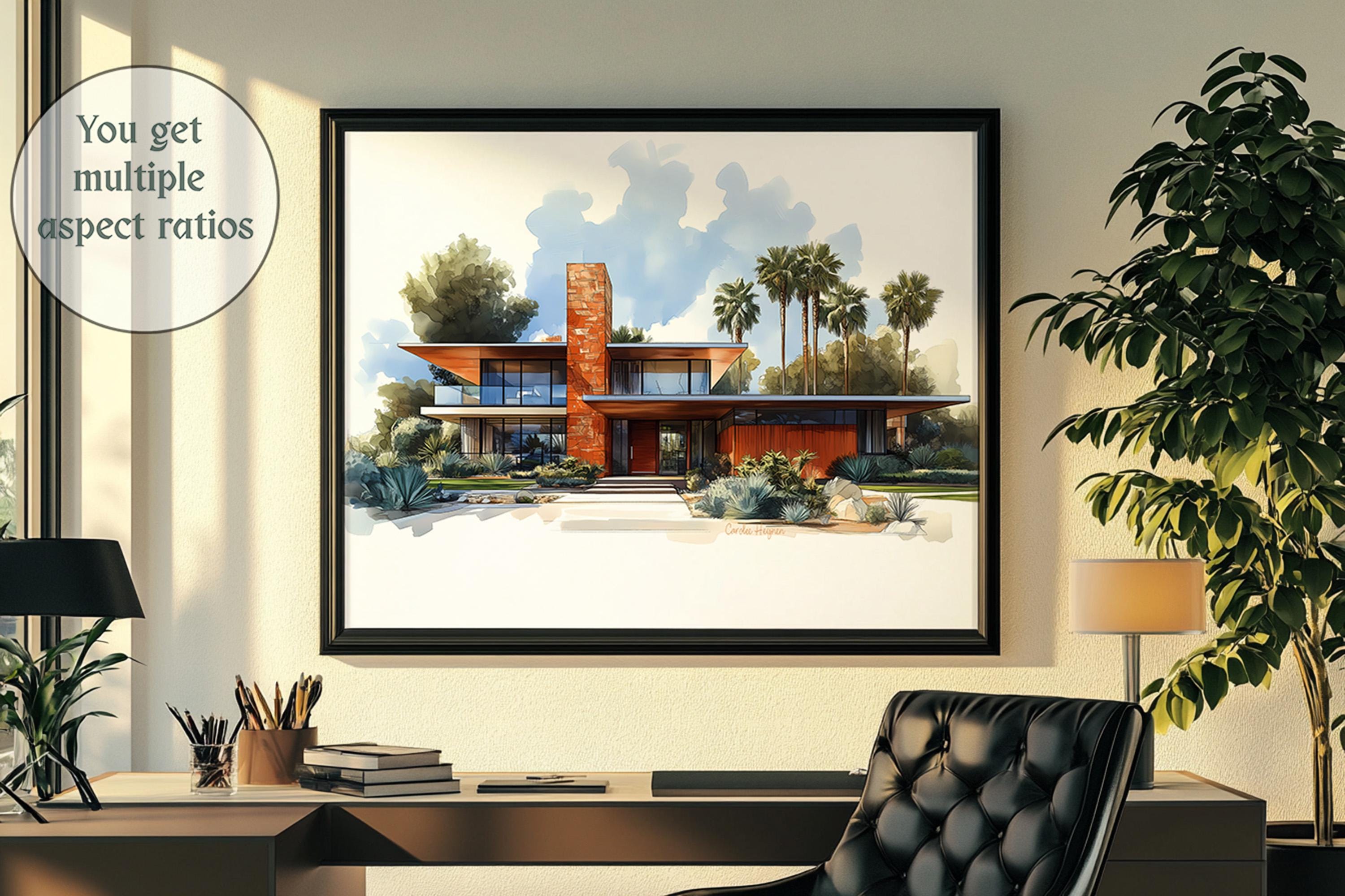 Modern Mid-century Architectural Watercolor Print Contemporary Home Art ...