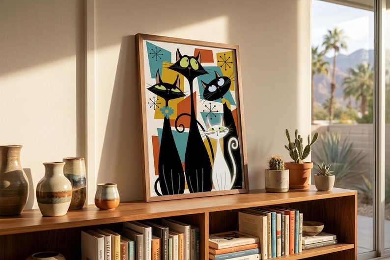 Mid Century Modern Cat Art Print, Palm Springs Felines (digital ...