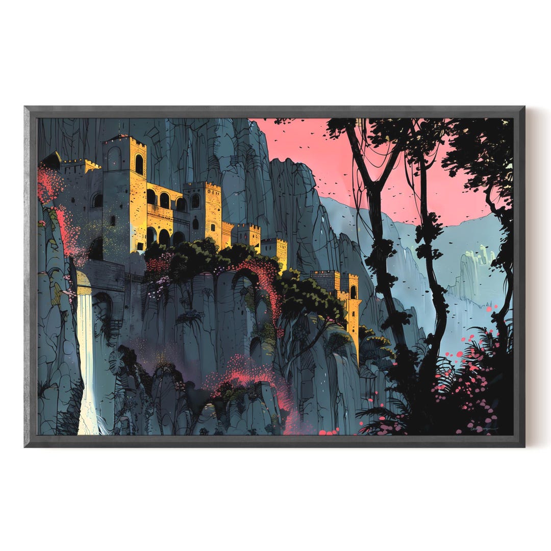 Fantasy Castle Art Print: Cliffside Fortress, Twilight Sky (digital ...