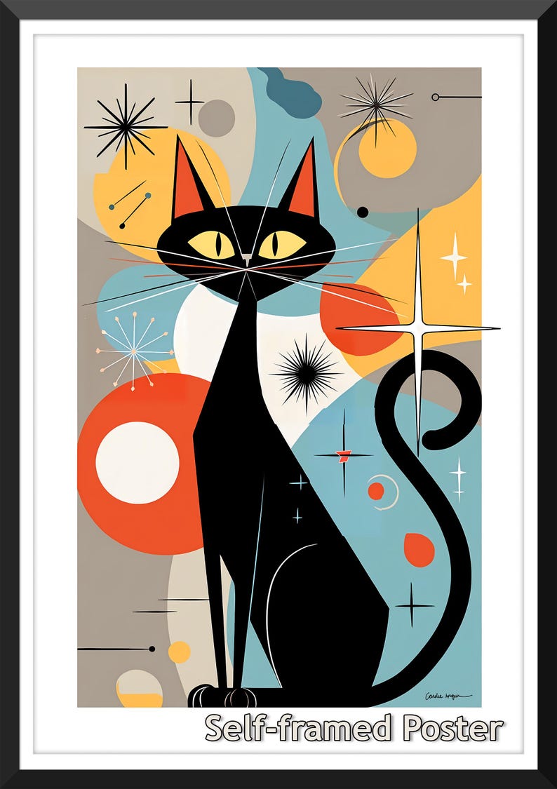 Mid Century Modern Atomic Cat Poster Retro Black Feline Wall Art 2x3 ...